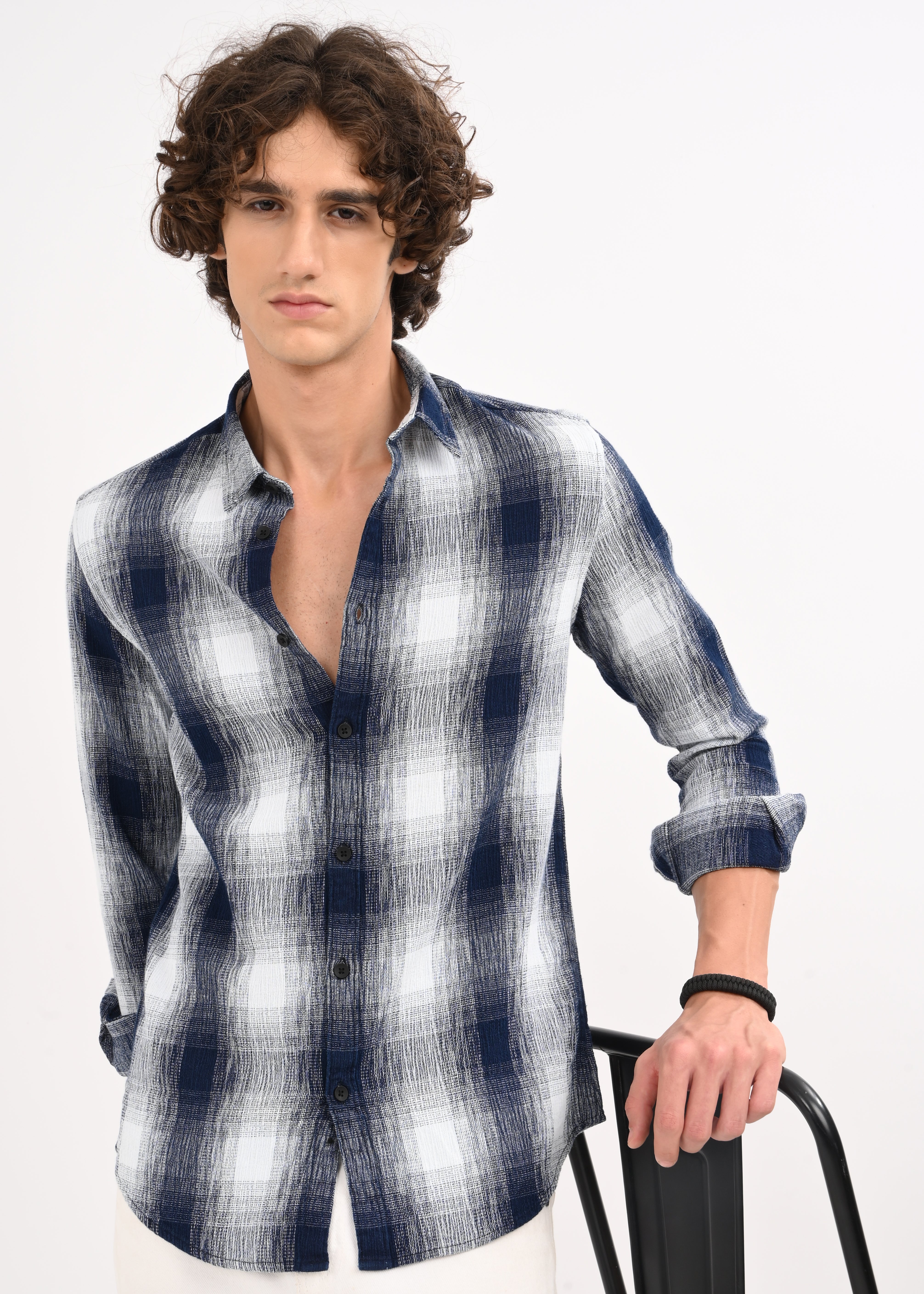 Buy Textured Indigo Dobby Check Shirt White - Blue Mnky