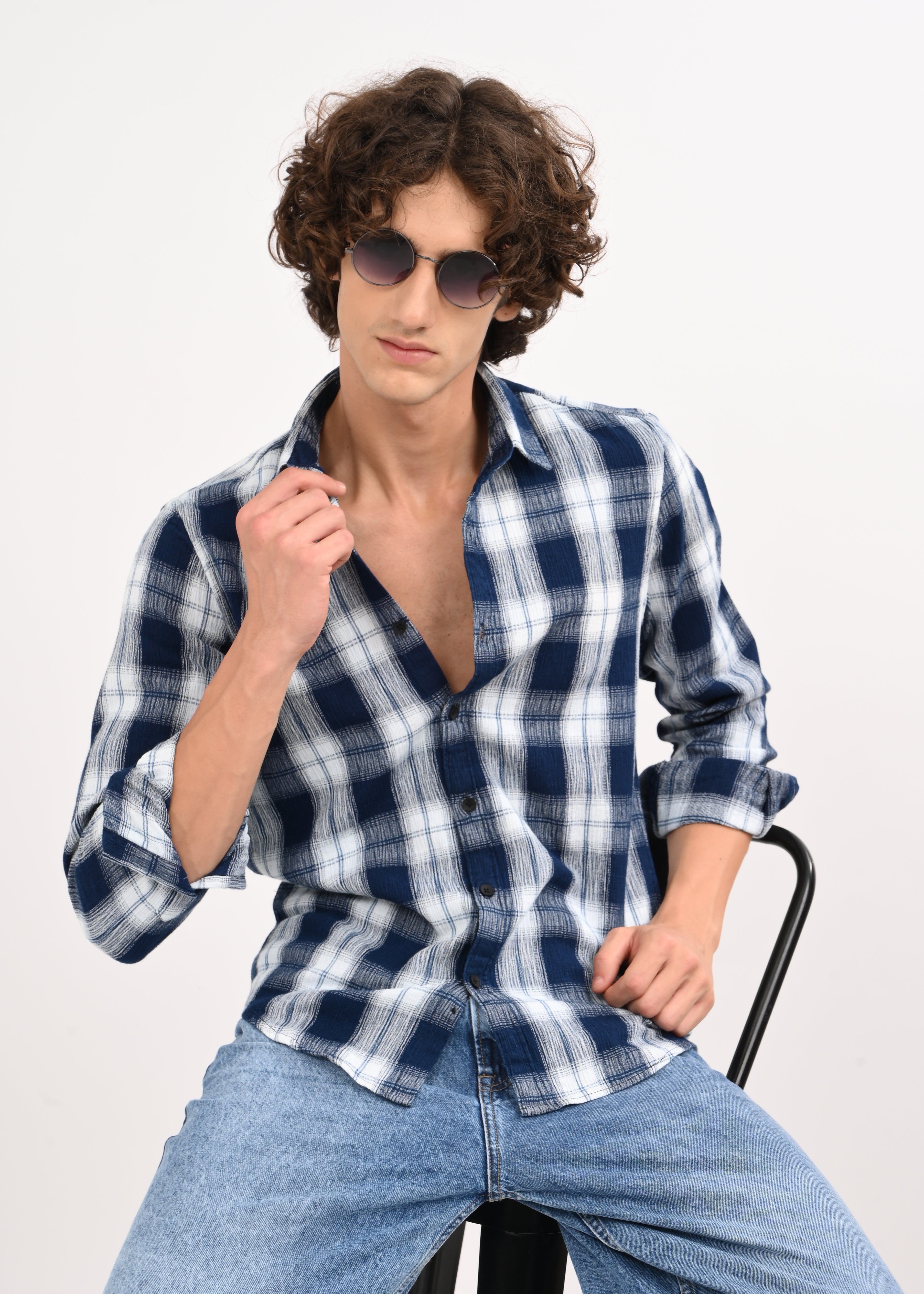 Buy Textured Indigo Dobby Check Shirt Navy - Blue Mnky